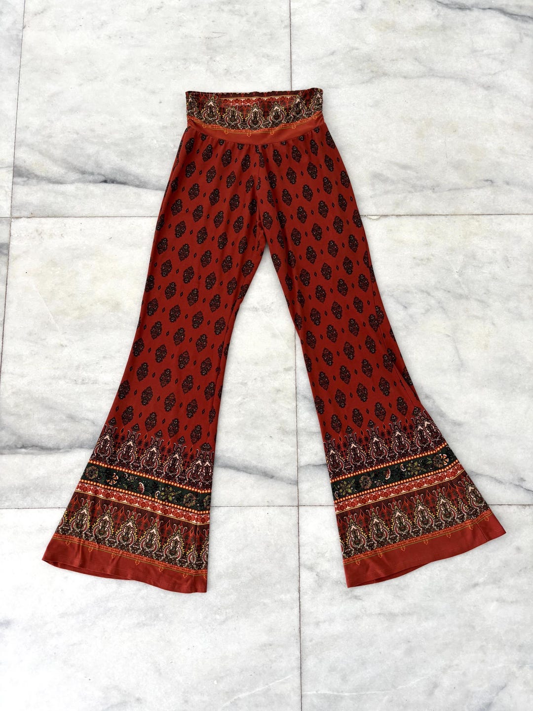Y2K Earthbound Pants Flare Orange Paisley Pull on Elastic Waist Womens ...