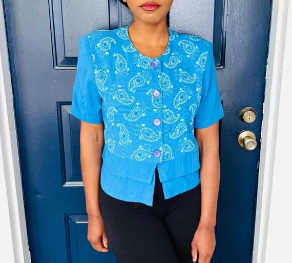 80s Cattrell Blue Collarless VTG Paisley Print Chiffo… - Gem