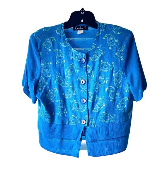 80s Cattrell Blue Collarless VTG Paisley Print Chiffo… - Gem