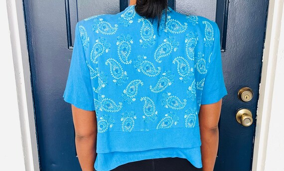 80s Cattrell Blue Collarless VTG Paisley Print Chiffo… - Gem