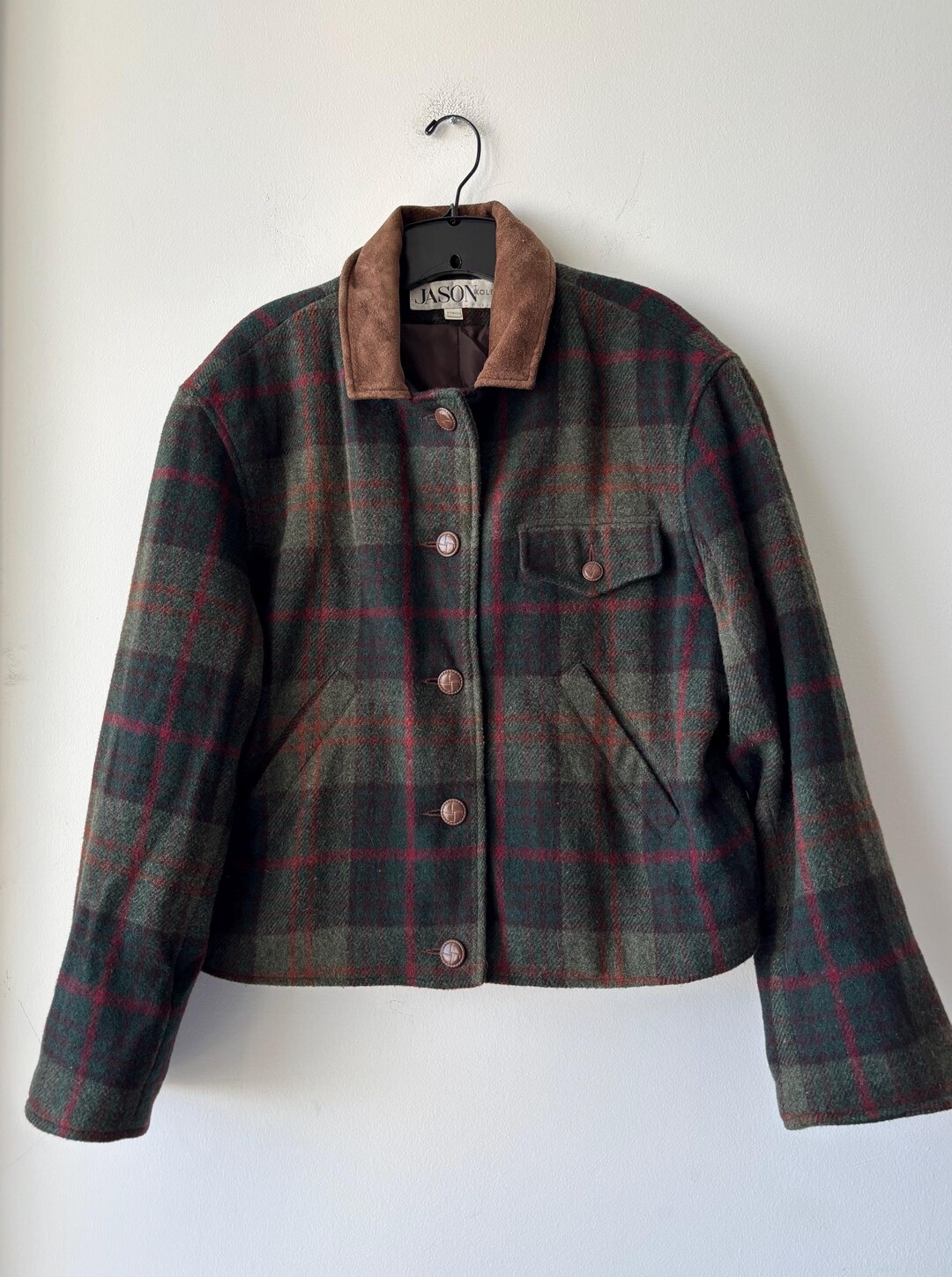 Vintage Jason Kole Plaid Chore Coat Barn Jacket Bomber Leather Collar ...