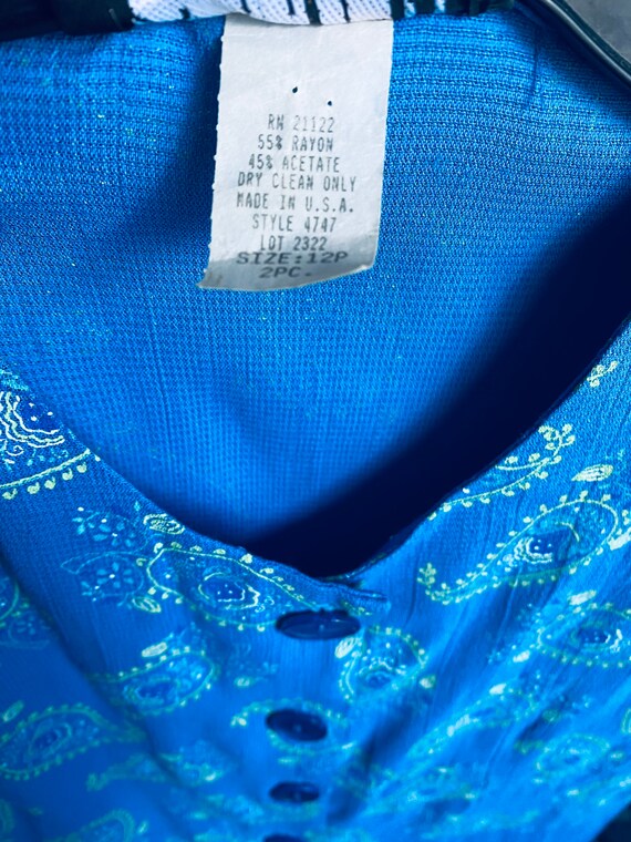 80s Cattrell Blue Collarless VTG Paisley Print Chiffo… - Gem