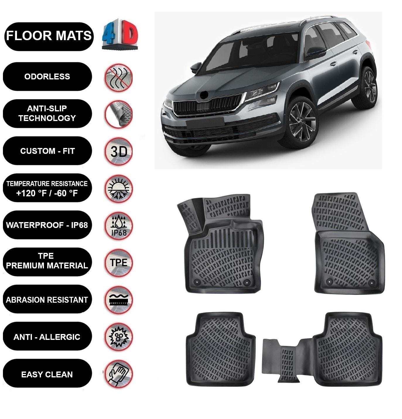 Floor Mats Liner Fits Skoda Kodiaq 2016 2024 Waterproof 4D Molded Black 4Pcs