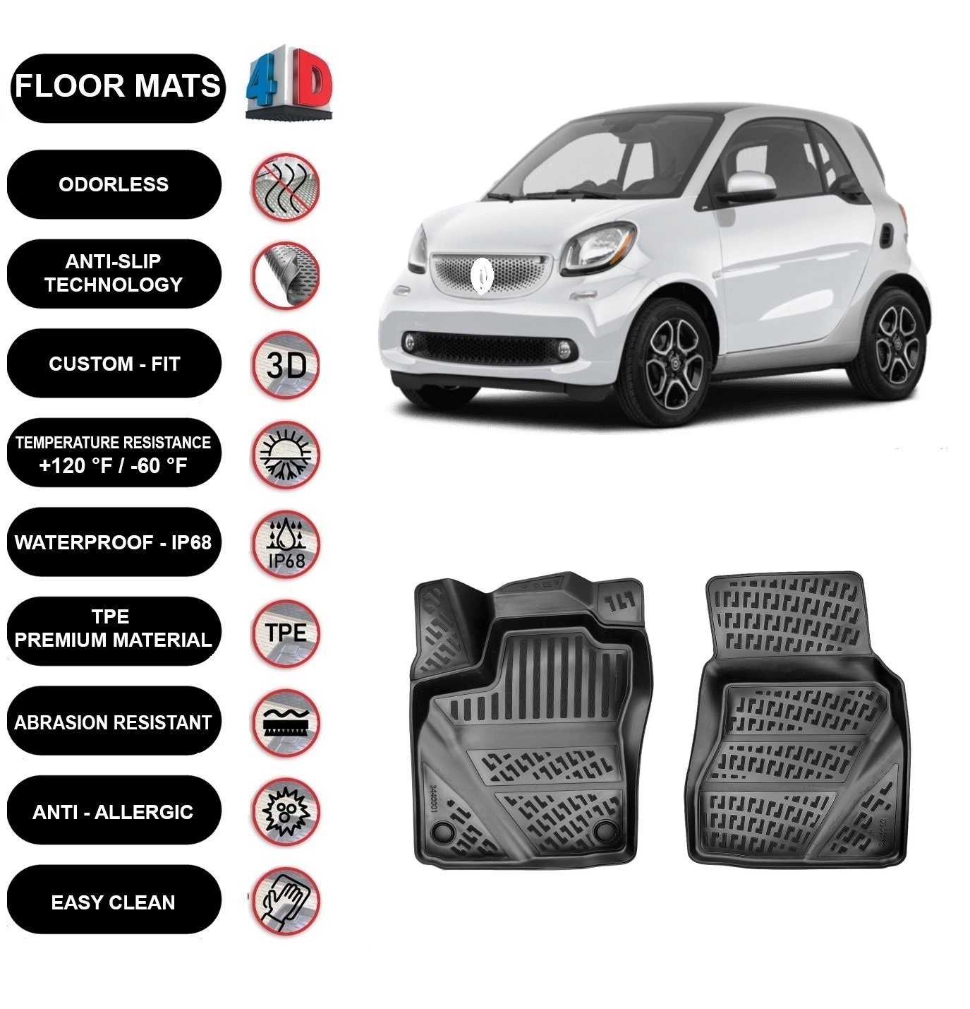 Floor Mats Liner Fits Smart Fortwo EQ 2018 2022 Waterproof 4D Molded Black 2pcs Etsy