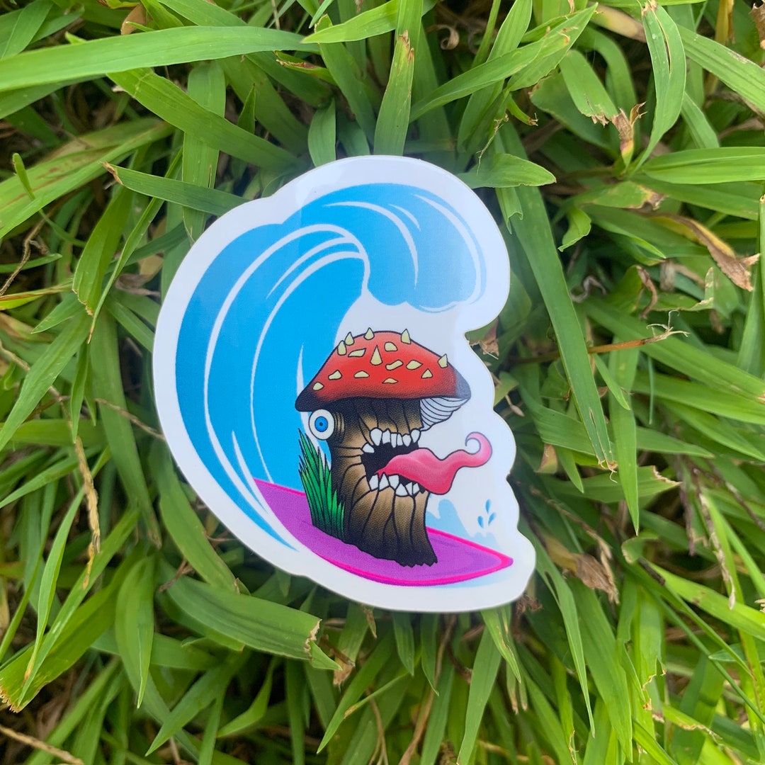Surfing Mushroom Vinyl Sticker, Surfer Sticker, Mushroom Art, Trippy ...