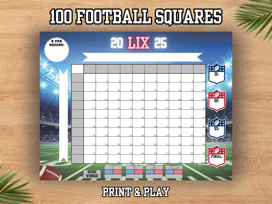 Super Bowl Squares, 100 Football Squares, Big Game Squares, Football ...