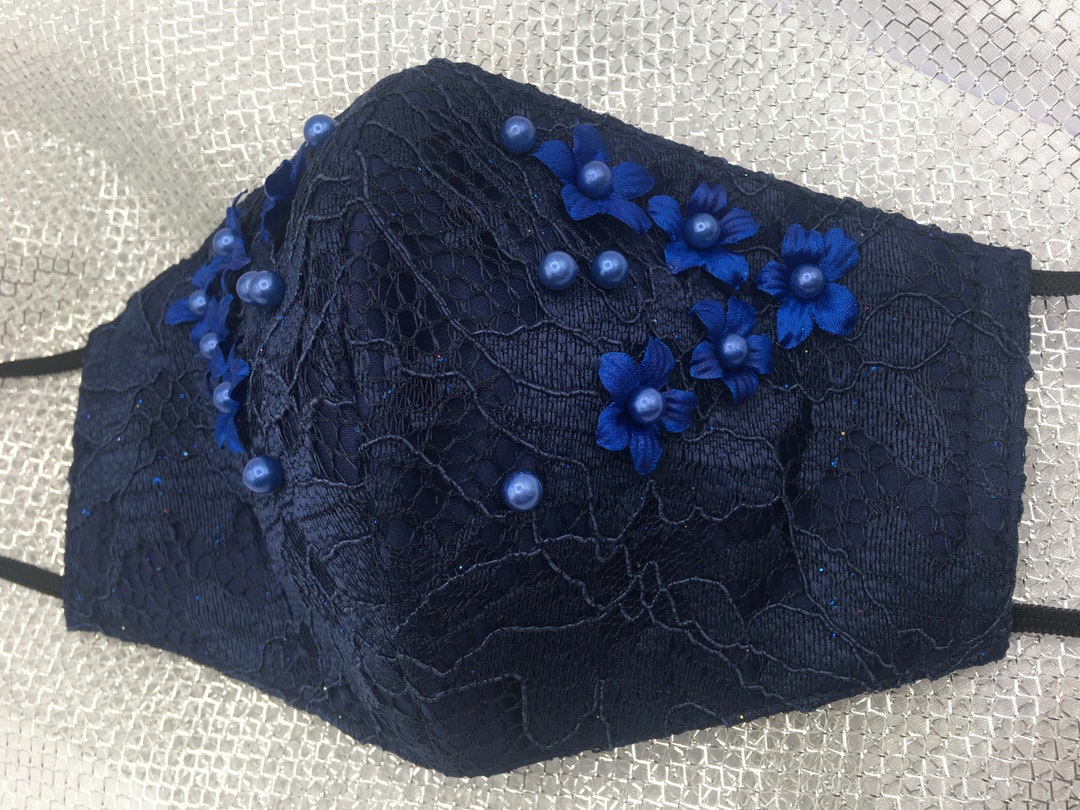 Face Mask - Elegant Rich Dark Blue Embroidered Mask - King Series ...