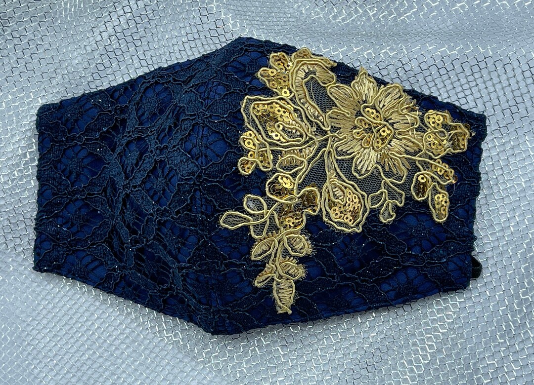 Face Mask - Royal Blue Golden Brocade Flower - King Series - With ...