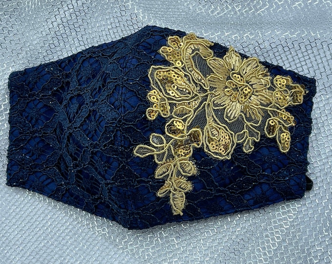 Face Mask - Royal Blue Golden Brocade Flower - King Series - With ...