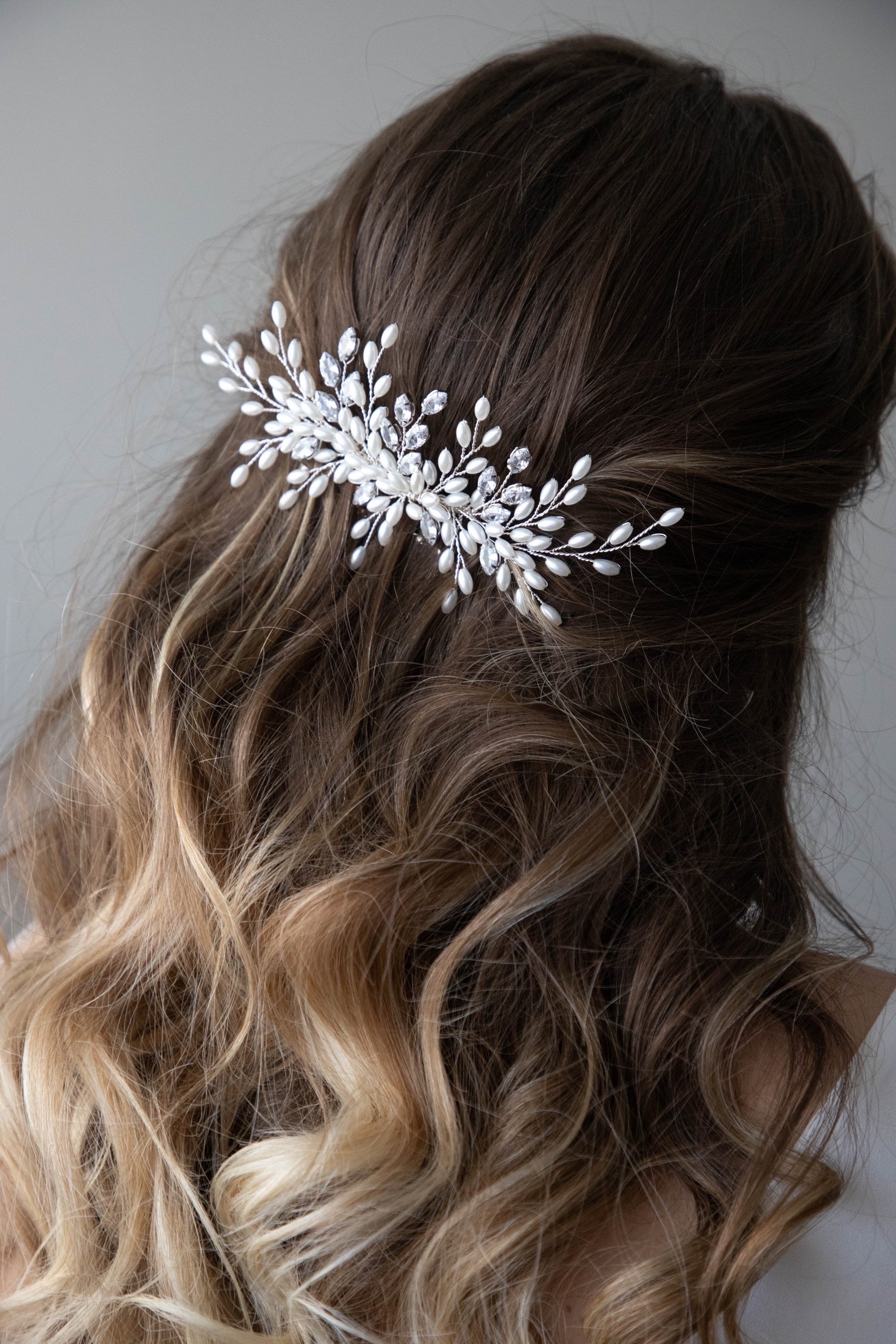 Bridal Pearl Hair Comb, Wedding Pearl Crystal Headpiece, White Silver ...