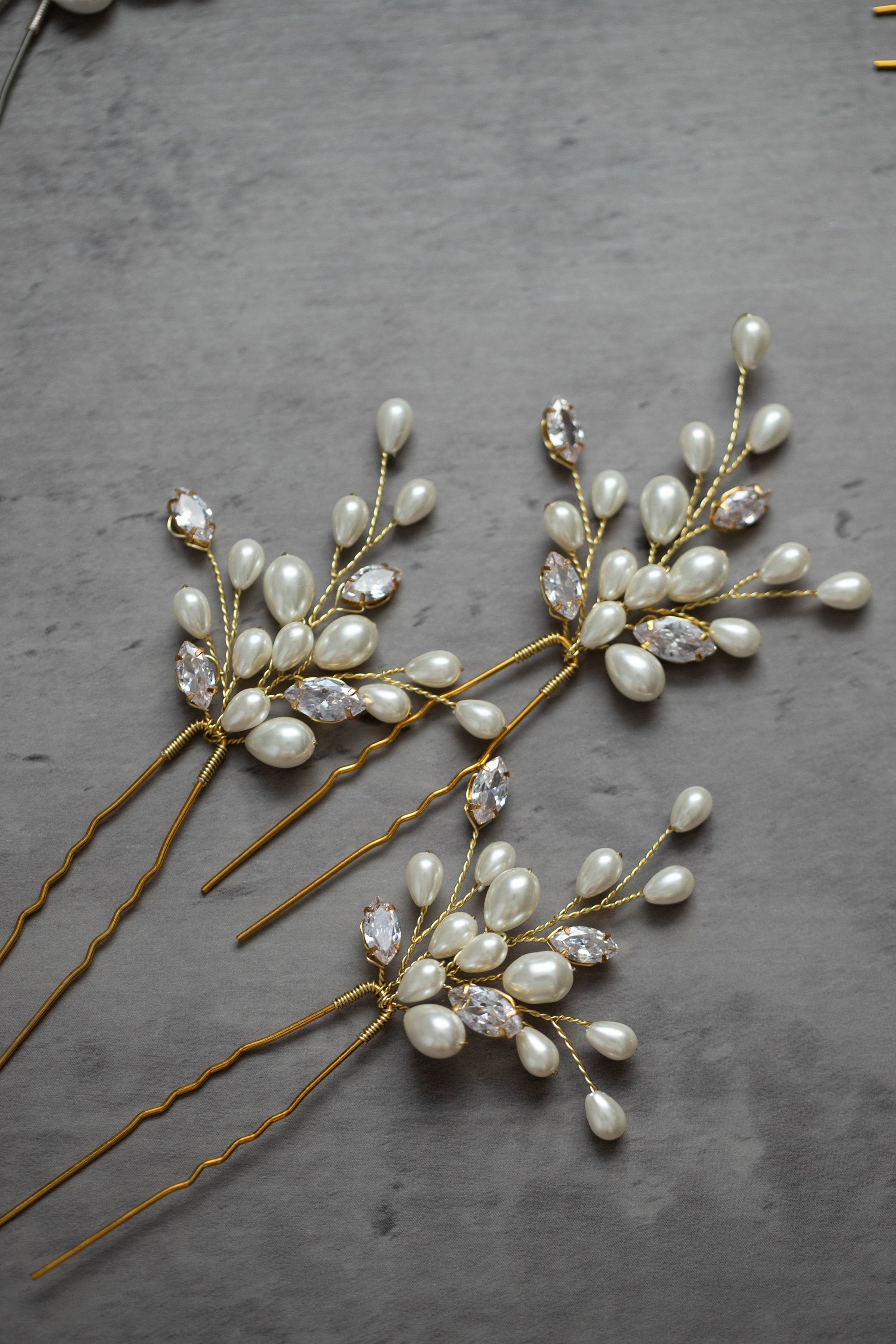Pearls hair pins set of 3 Bridal ivory hair pins Wedding | Etsy