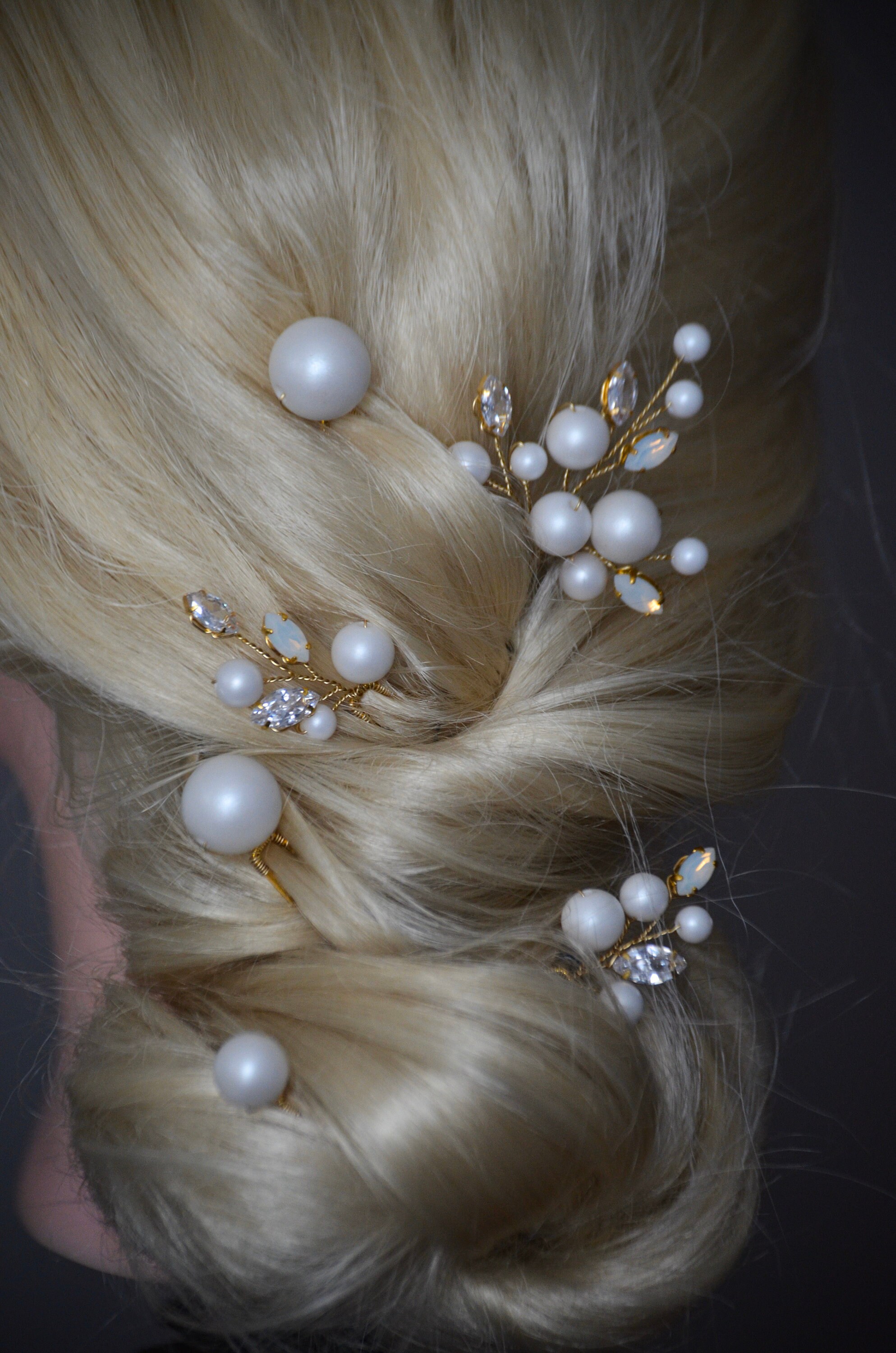 Opal pearl Crystal hair pins set of 6 Opal gold hair pins | Etsy