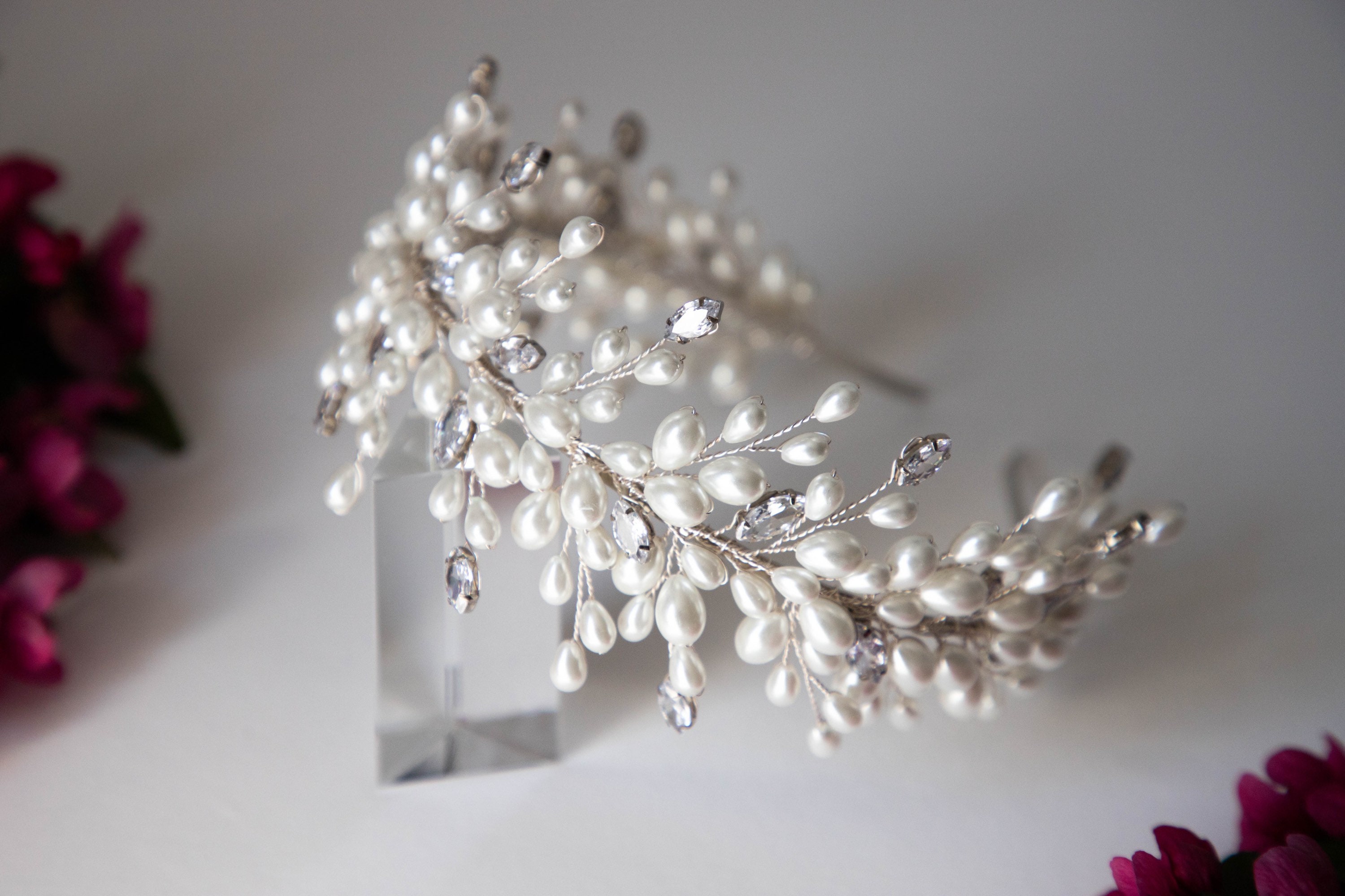 Wedding Pearl Headband White Bridal Headband Wedding Silver - Etsy