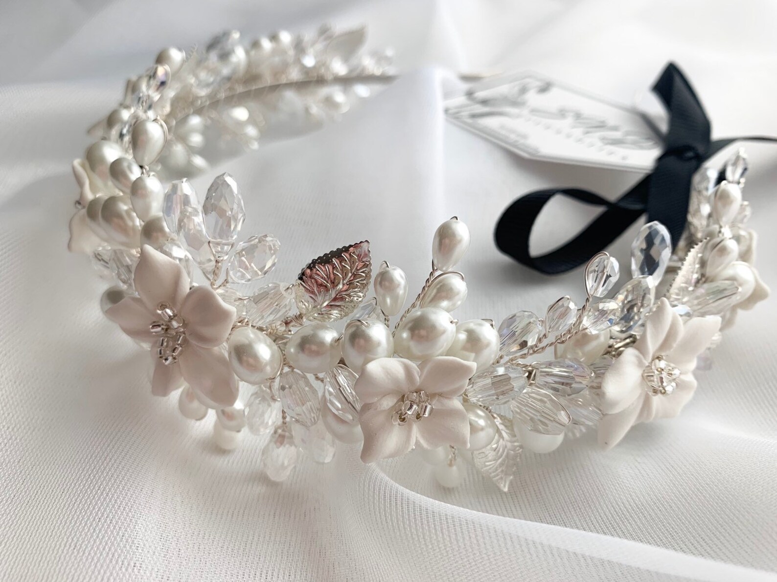 White Flower Hair Tiara Floral Pearls Wedding Headband Etsy