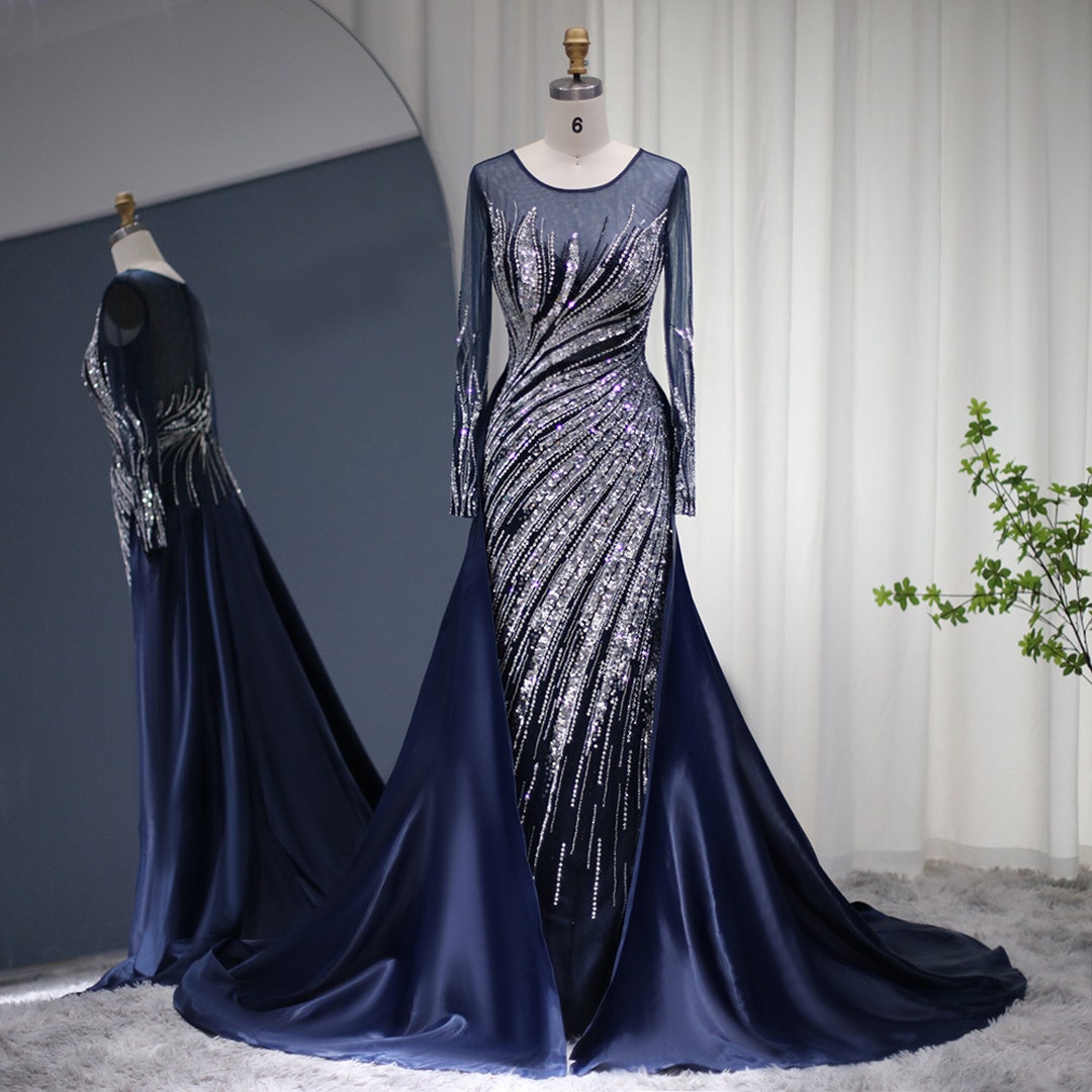 Luxury Elegant Navy Blue Satin Beaded Overskirt Sequined Evening Dress, Long Sleeve Exquisite ...