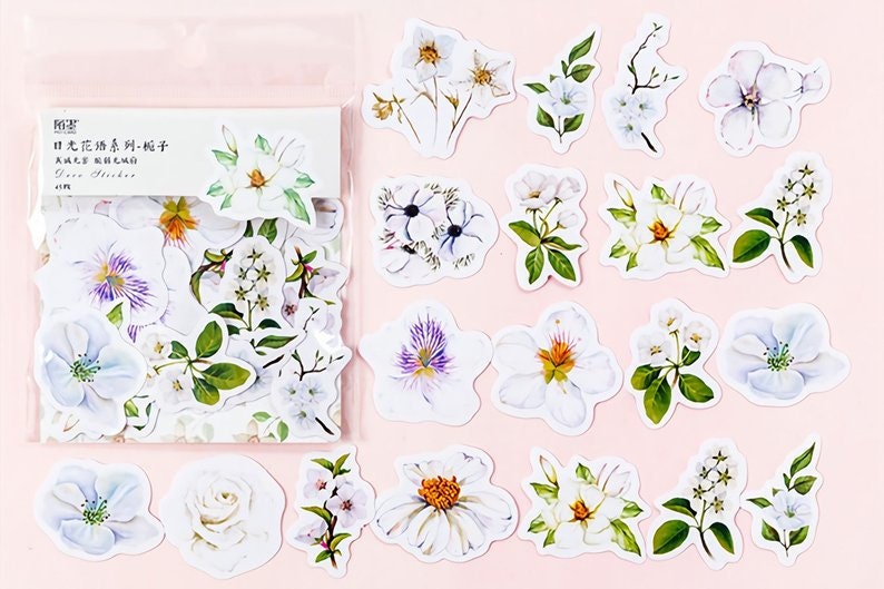 45 Pcs Pure White Flowers Decorative Stickers, Colorful Flower Sticker ...
