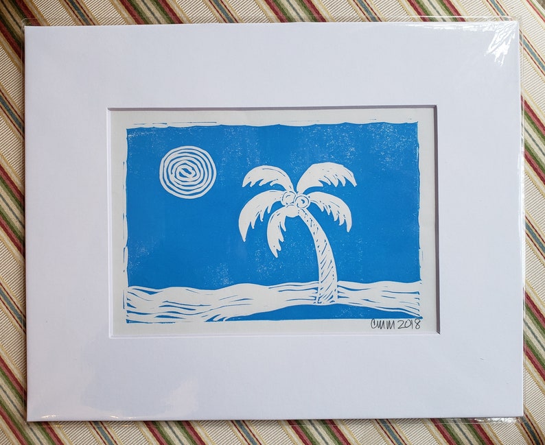 Handmade Palm Tree Linocut Print, Beach Scene Art 8x10 With Mat - Etsy