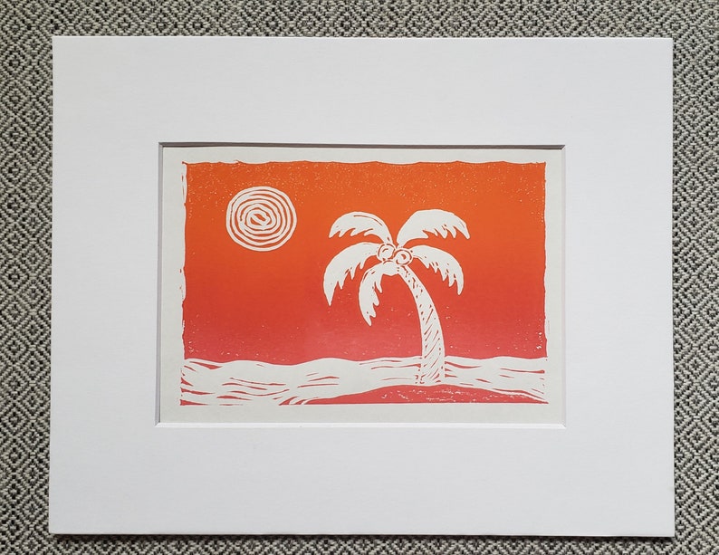 Handmade Palm Tree Linocut Print, Beach Scene Art 8x10 With Mat - Etsy