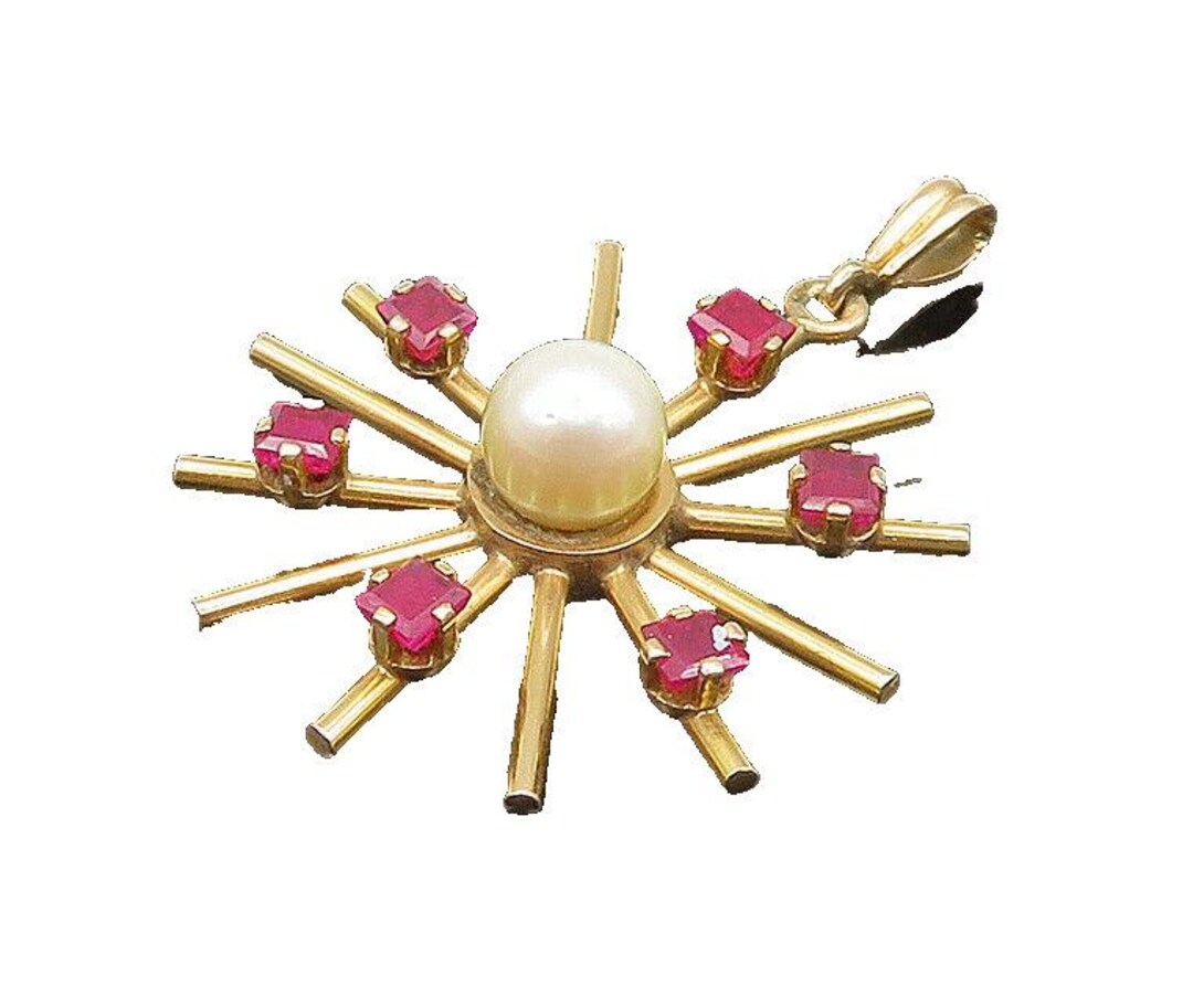 14K GOLD Vintage Freshwater Pearl & Ruby Sunshine Motif Pendant GP086 ...