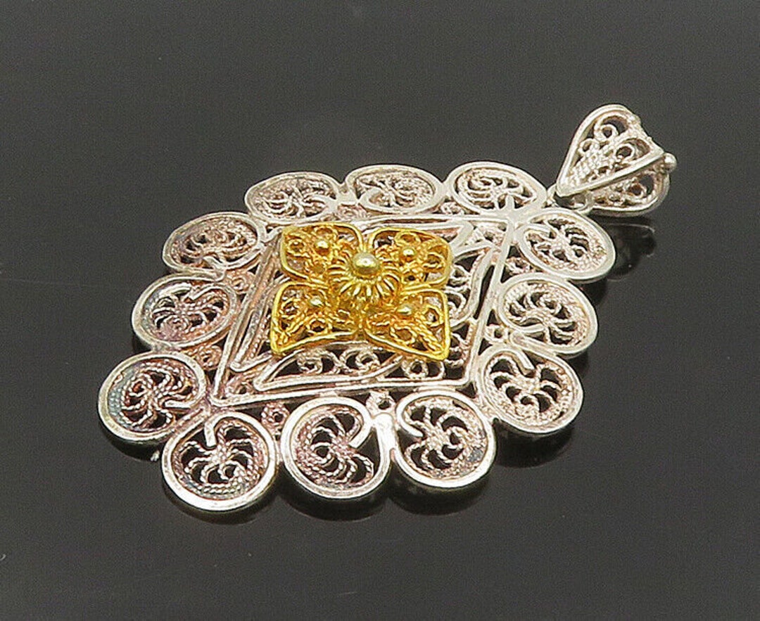TURKEY 925 Sterling Silver Vintage Two Tone Floral Filigree Pendant ...