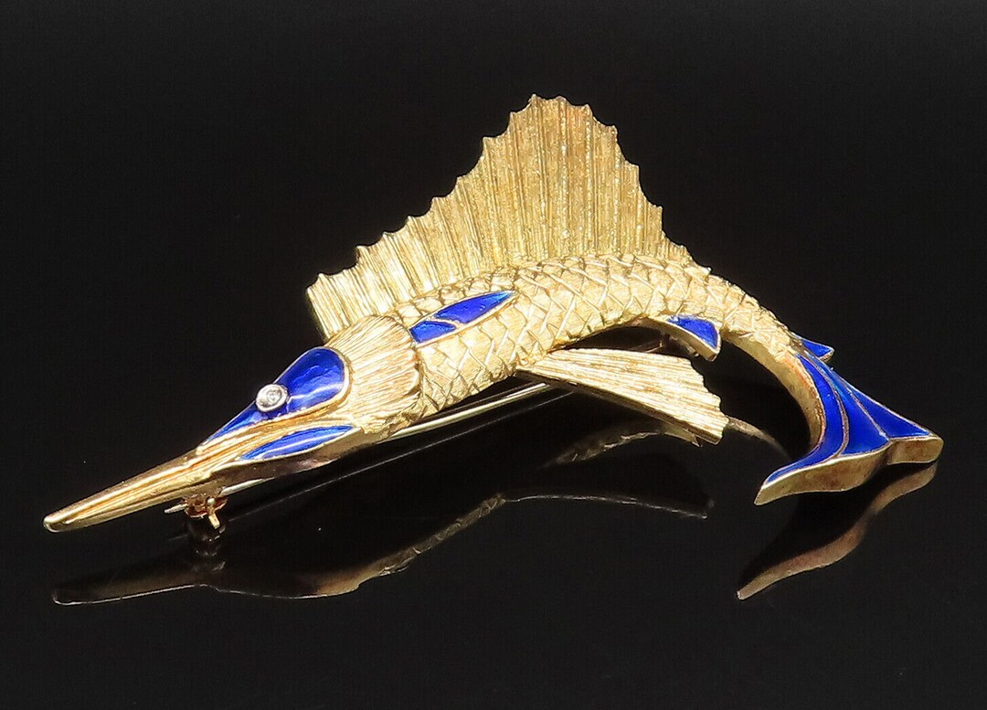 18K GOLD Vintage Enamel Swordfish With Genuine Diamond Eye Brooch Pin ...