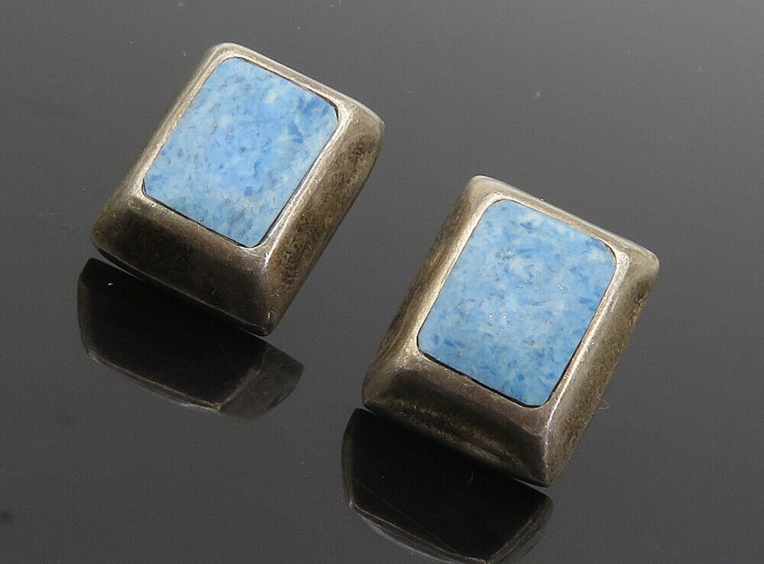 MEXICO 925 Silver Vintage Inlaid Blue Jasper Square Drop Earrings ...