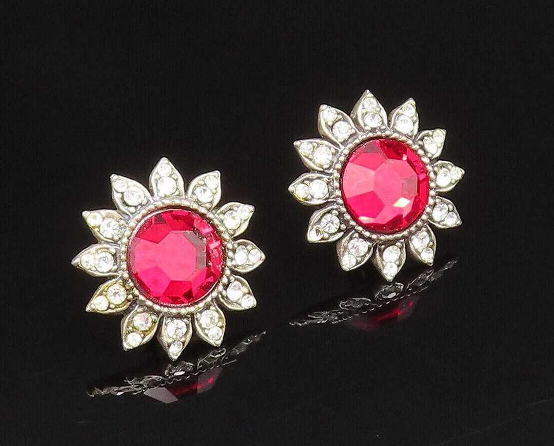 MMA 925 Silver Vintage Antique Floral Rhinestones Stud Earrings EG11938 ...