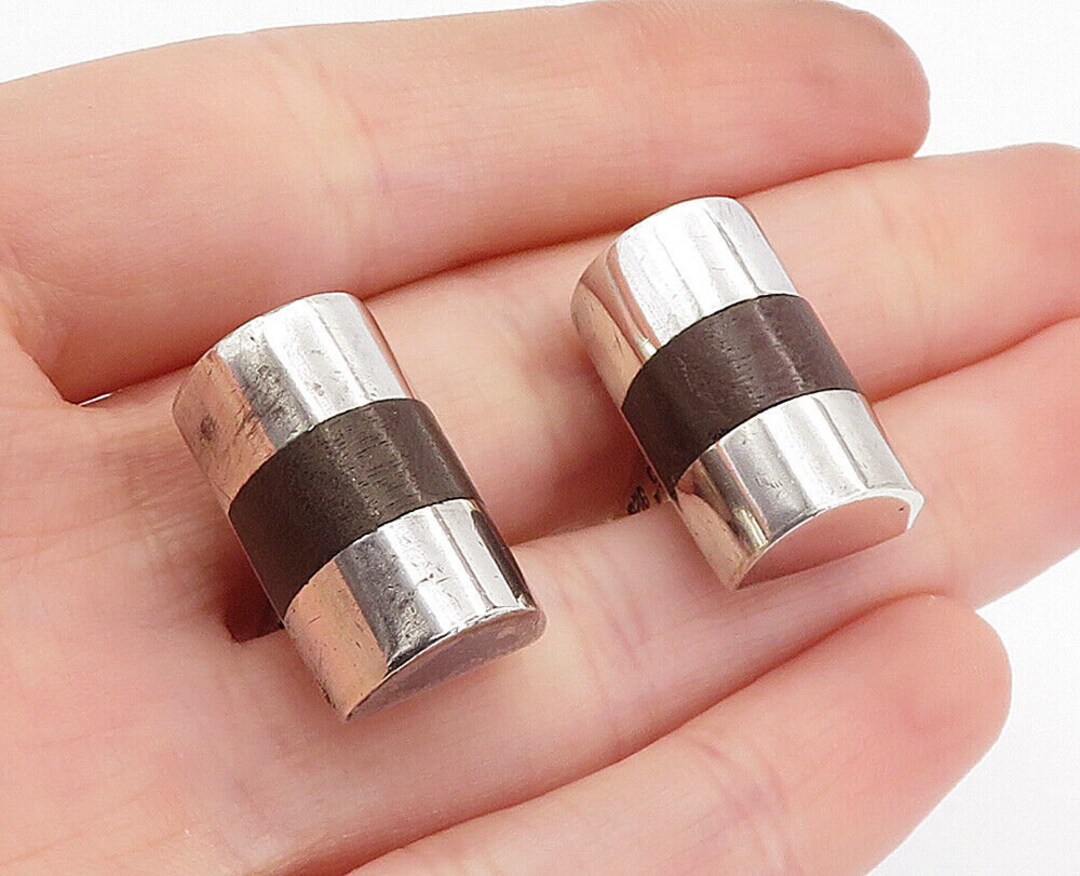 MEXICO 925 Sterling Silver Vintage Wooden Dome Bullet Back Cufflinks ...