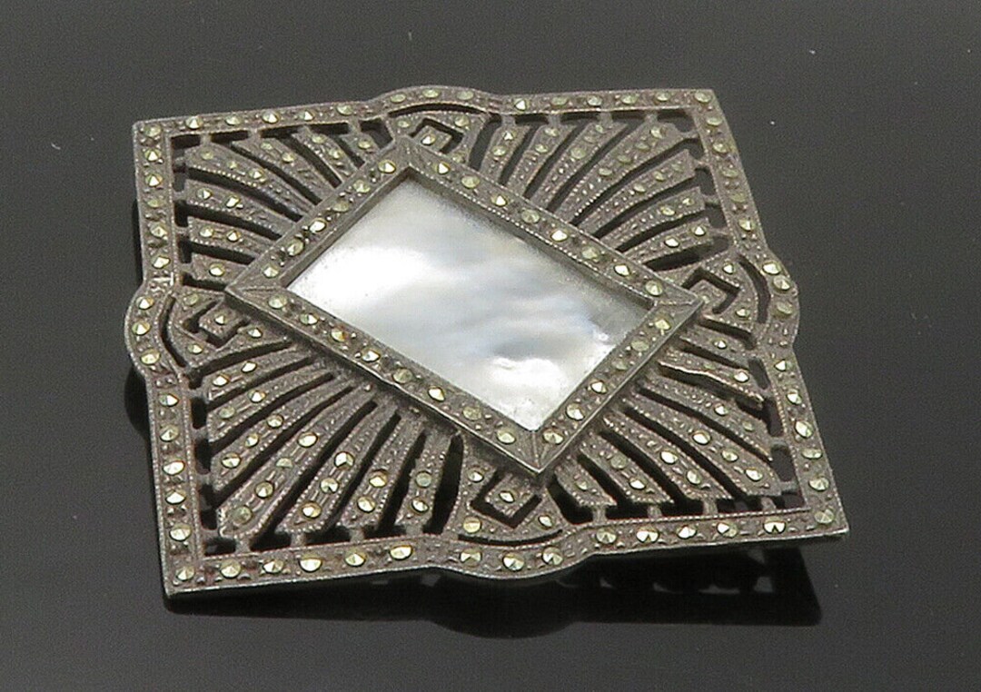JUDITH JACK 925 Silver Vintage Mother of Pearl & Marcasite Brooch Pin ...