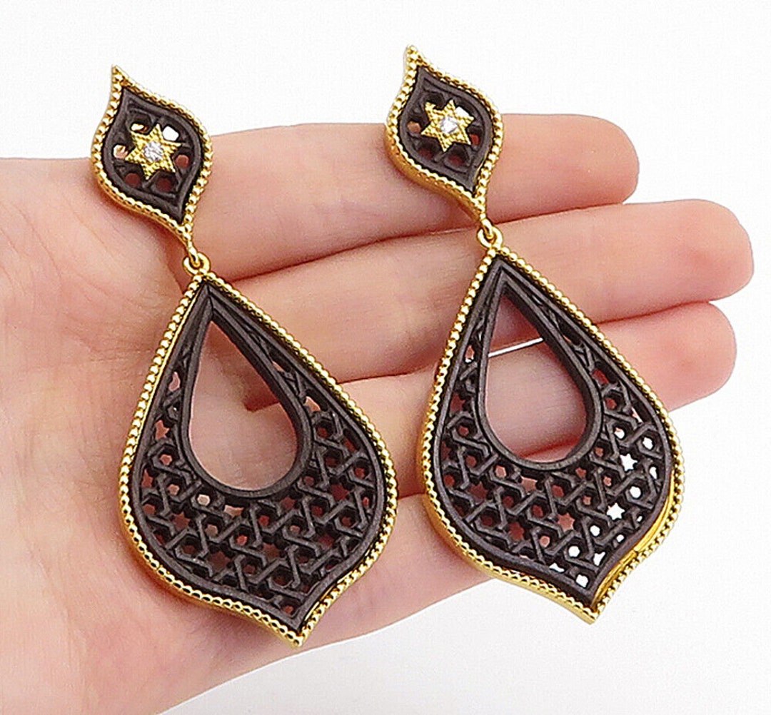 925 Sterling Silver Topaz Accented Gold Plated Cutout Drop Earrings ...