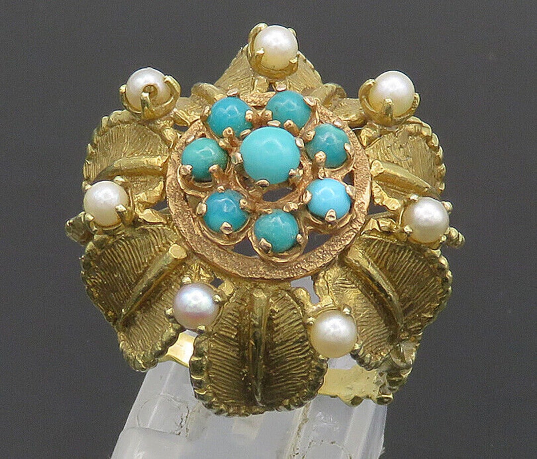 14K GOLD Vintage Turquoise & Pearls Victorian Cocktail Ring Sz 6.75 ...