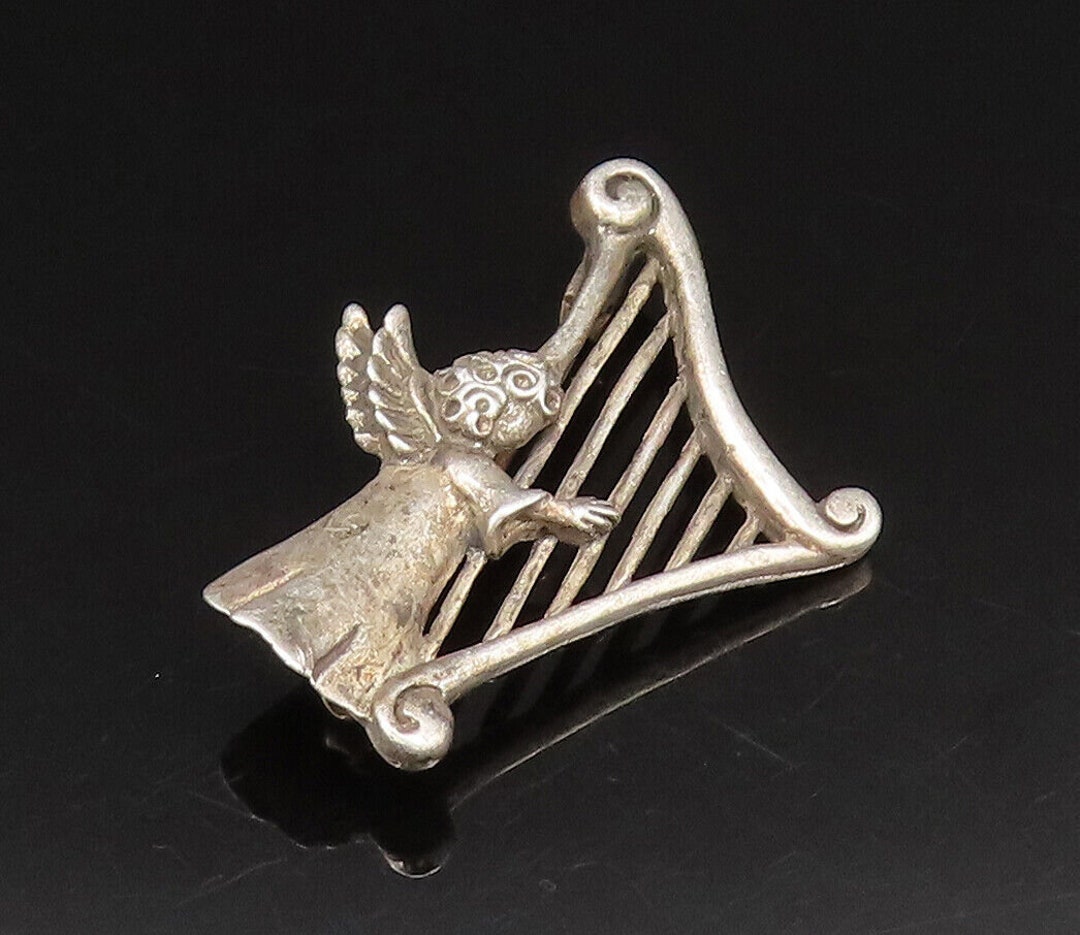 925 Sterling Silver Vintage Angel in Gown Playing Harp Brooch Pin ...