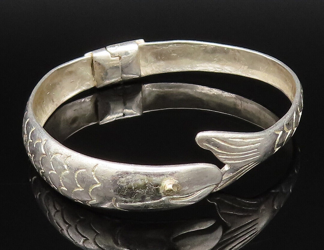 925 Silver Vintage Etched Scales Fish Head & Tail Cuff Bracelet BT9541 ...
