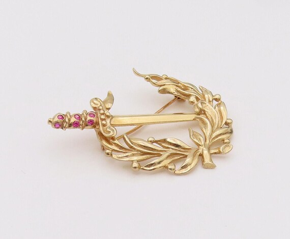14K GOLD - Vintage Leaf Wreath With Ruby Sword Brooch… - Gem
