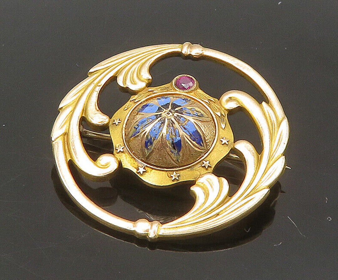 14K GOLD Vintage Antique Ruby Enamel Flower Dome Round Brooch Pin GB046 ...