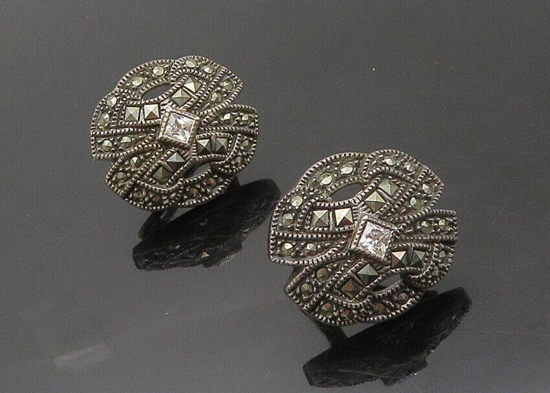 JUDITH JACK 925 Silver Vintage Cubic Zirconia & Marcasite Earrings ...