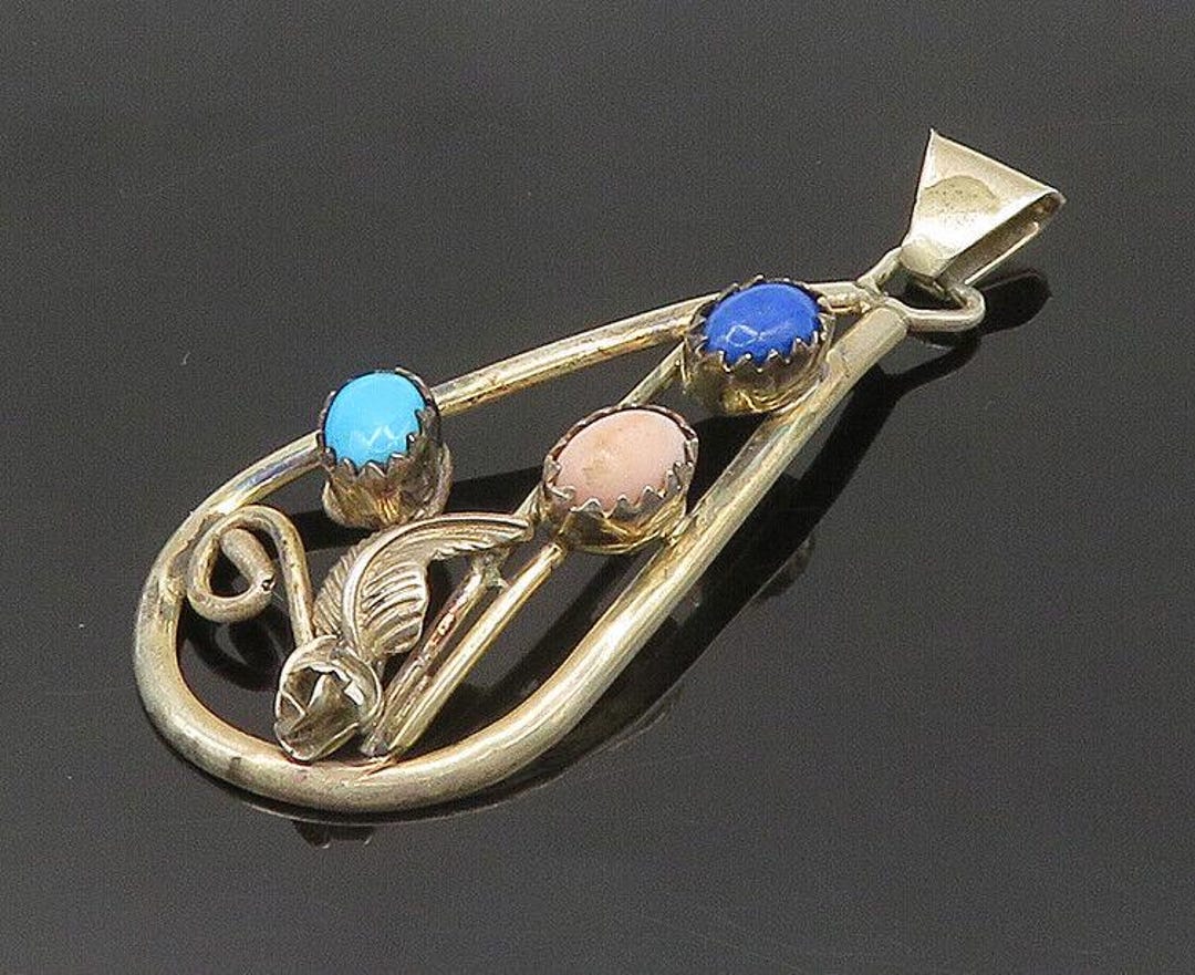BERNICE BONNEY NAVAJO 925 Silver Vintage Multistone Floral Pendant ...
