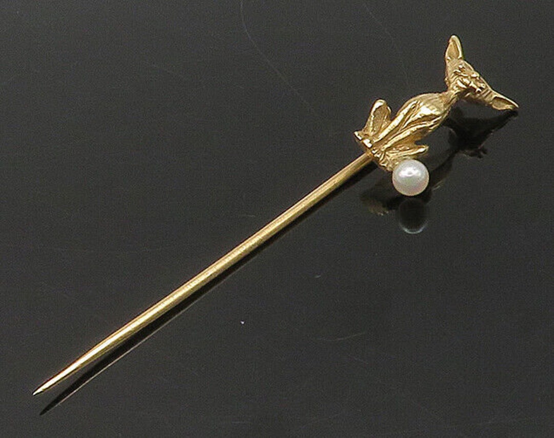 14K GOLD Vintage Petite Pearl Sitting Sphynx Cat Shiny Lapel Pin GOT016 ...