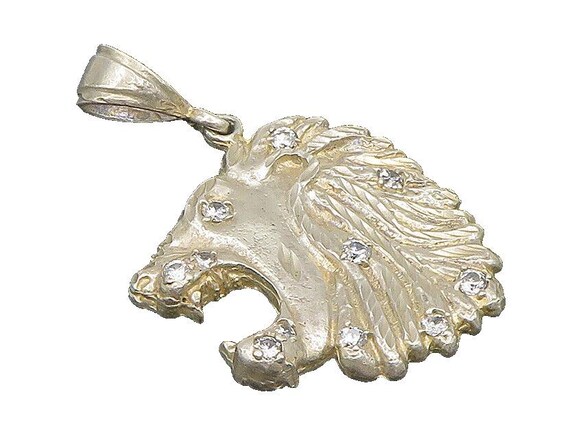 925 Silver Vintage Carved Roaring Lion Head Cubic Zir… - Gem