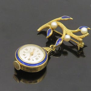 18K GOLD Vintage Antique Pearls & Enamel Floral Watch Brooch Pin GB017 ...