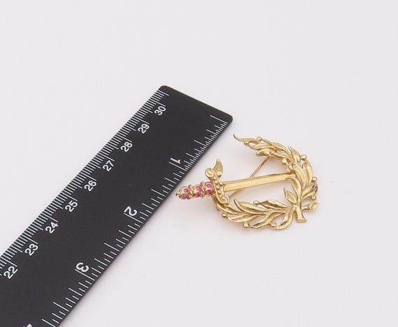 14K GOLD - Vintage Leaf Wreath With Ruby Sword Brooch… - Gem