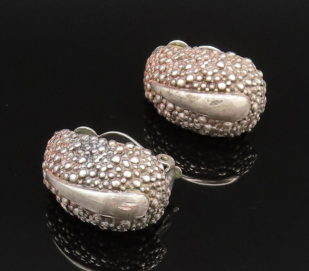 DESIGNER 925 Silver Vintage Rough Texture Curved Non Pierced Earrings ...