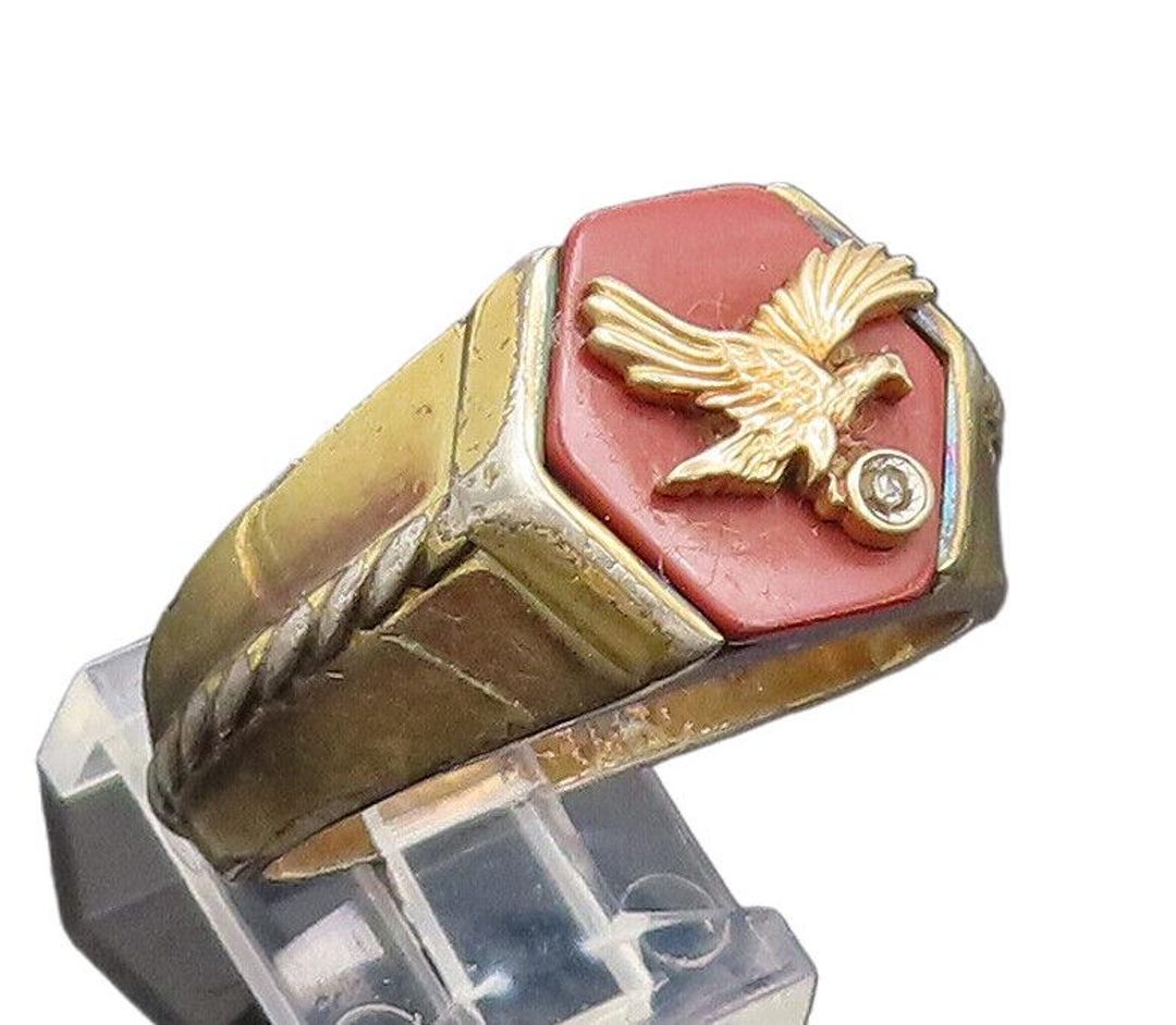 10K GOLD 925 Silver Vintage Flying Eagle Real Diamond Ring Sz 13.5 ...