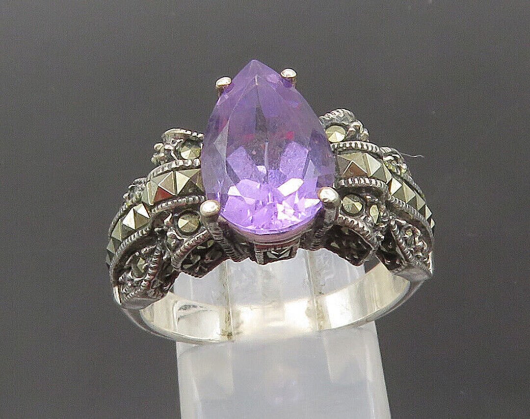 JUDITH JACK 925 Silver Vintage Amethyst & Marcasite Band Ring Sz 9 ...