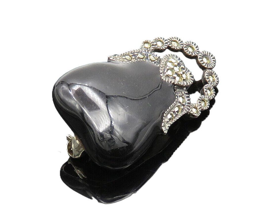 JUDITH JACK 925 Silver Vintage Black Onyx & Marcasite Purse Brooch Pin ...