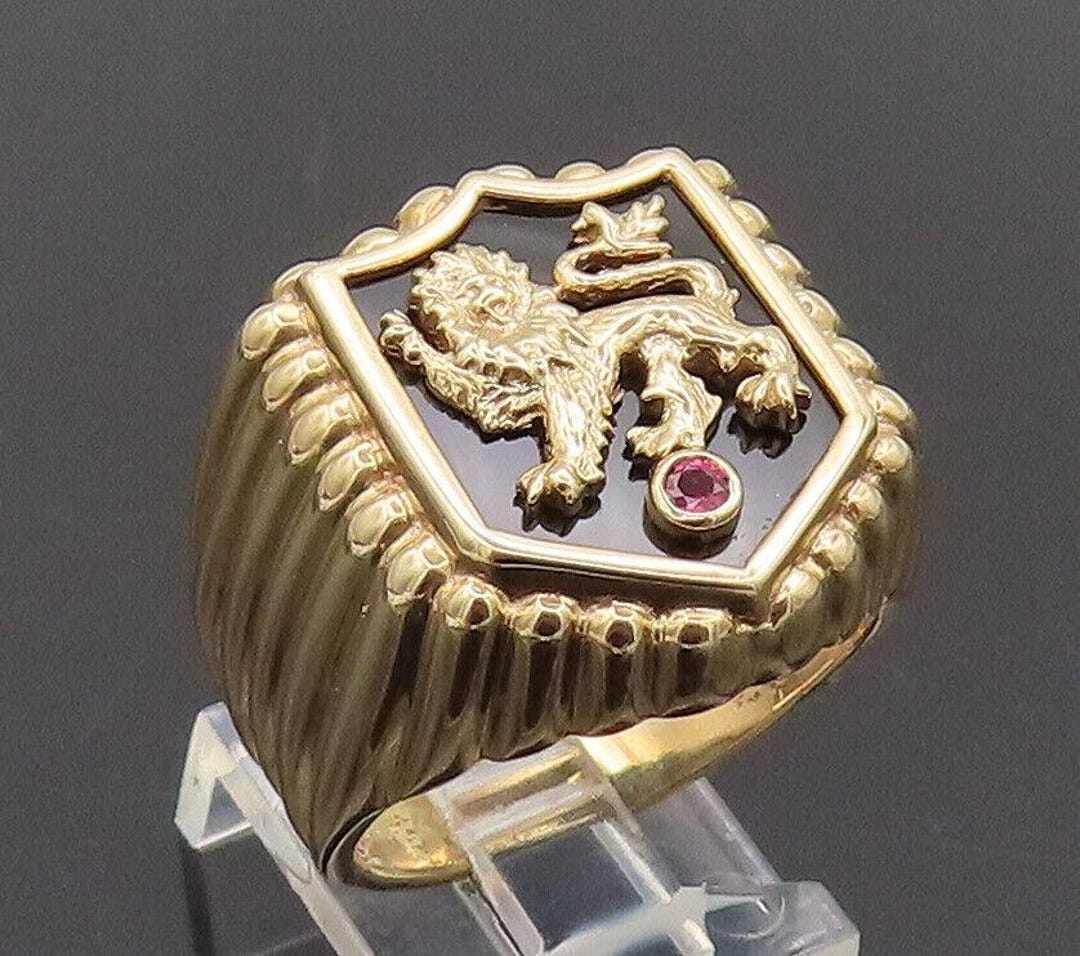 FRANKLIN MINT 10K GOLD Vintage Lion Guard Crest Red Stone Ring Sz 10 ...