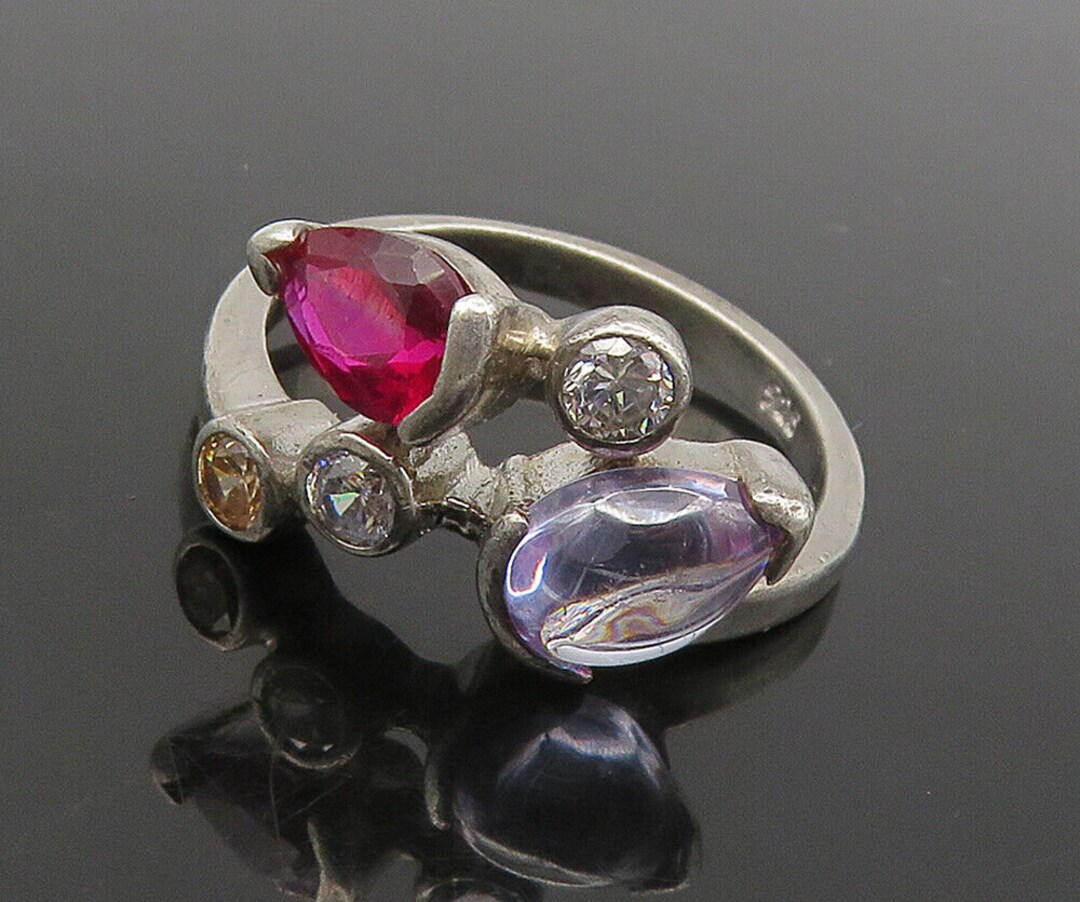 925 Sterling Silver Cubic Zirconia & Multi-color Topaz Band Ring Sz 8 ...