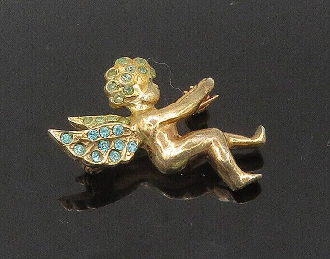 925 Sterling Silver Vintage Blue Topaz Baby Angel Shiny Brooch Pin ...