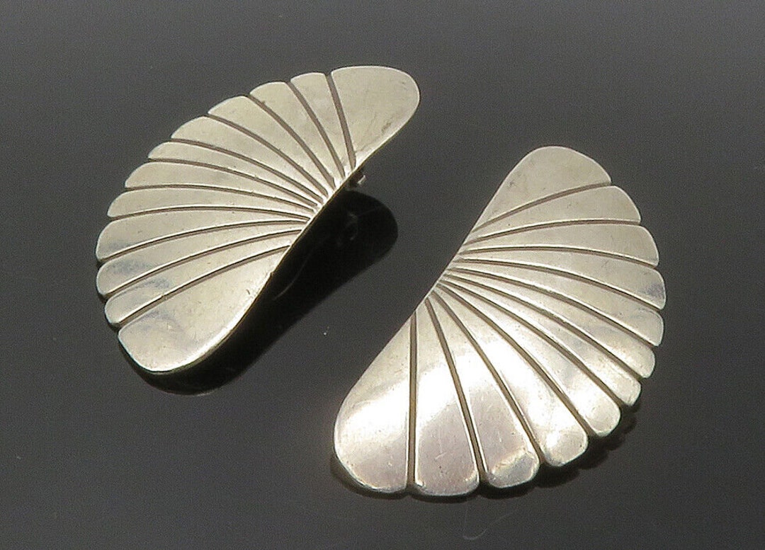 NAVAJO 925 Silver Vintage Shiny Fan Design Non Pierce Drop Earrings ...