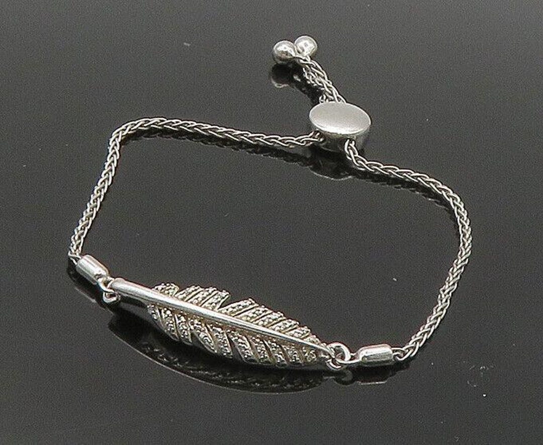 925 Sterling Silver Genuine Diamonds Feather Motif Chain Bracelet ...